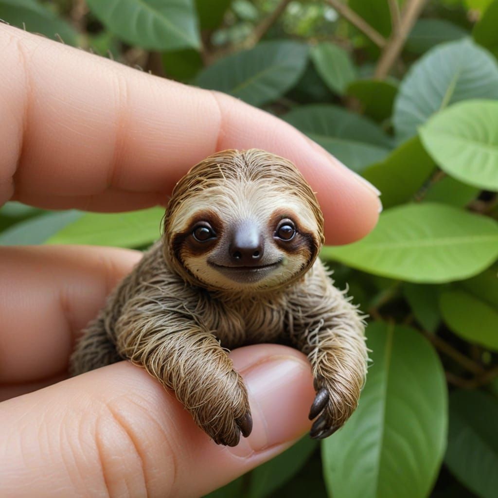 A cute tiny sloth sitting on the tip of my finger