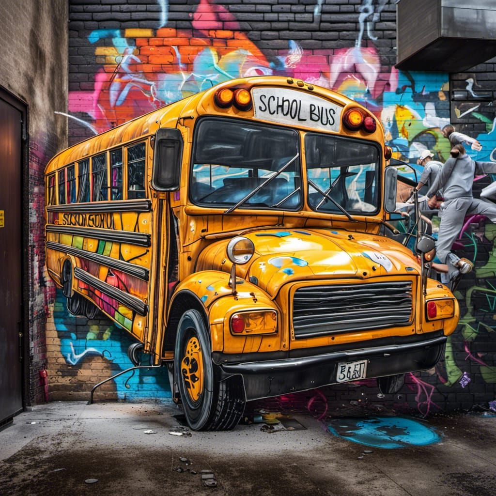 School bus on wall - AI Generated Artwork - NightCafe Creator