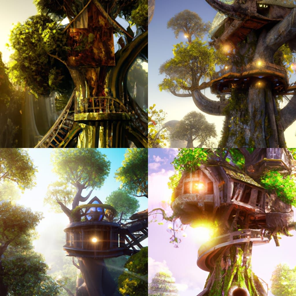 A wild forrest with a treehouse built atop the tallest of trees ...