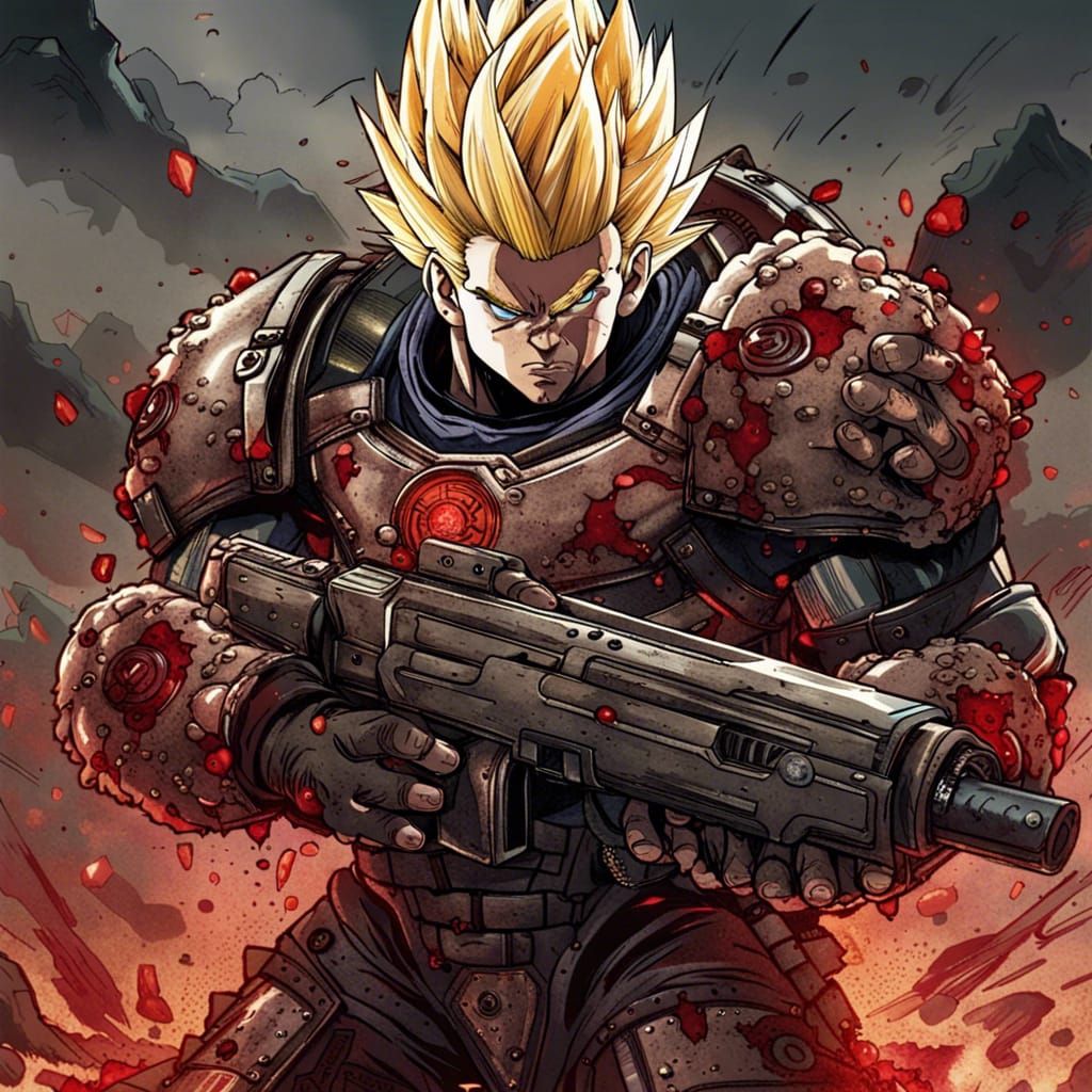 Super saiyan gohan dressed in gears of War armor in a blood covered ...