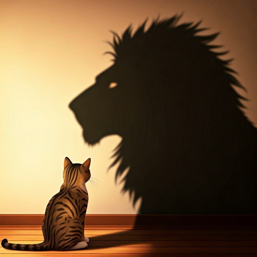 Shadow. A cat looks at the lion-shaped shadow on the wall.