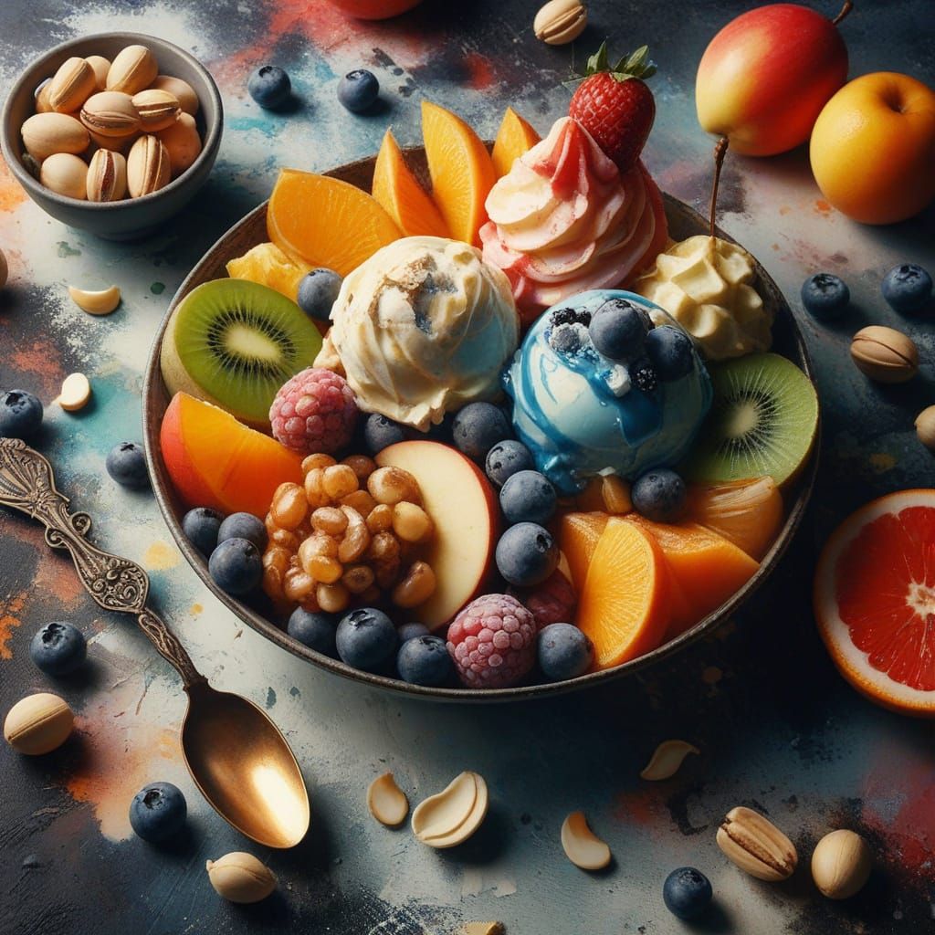 Macedonia de frutas y helado de macadamia, para acabar el día.