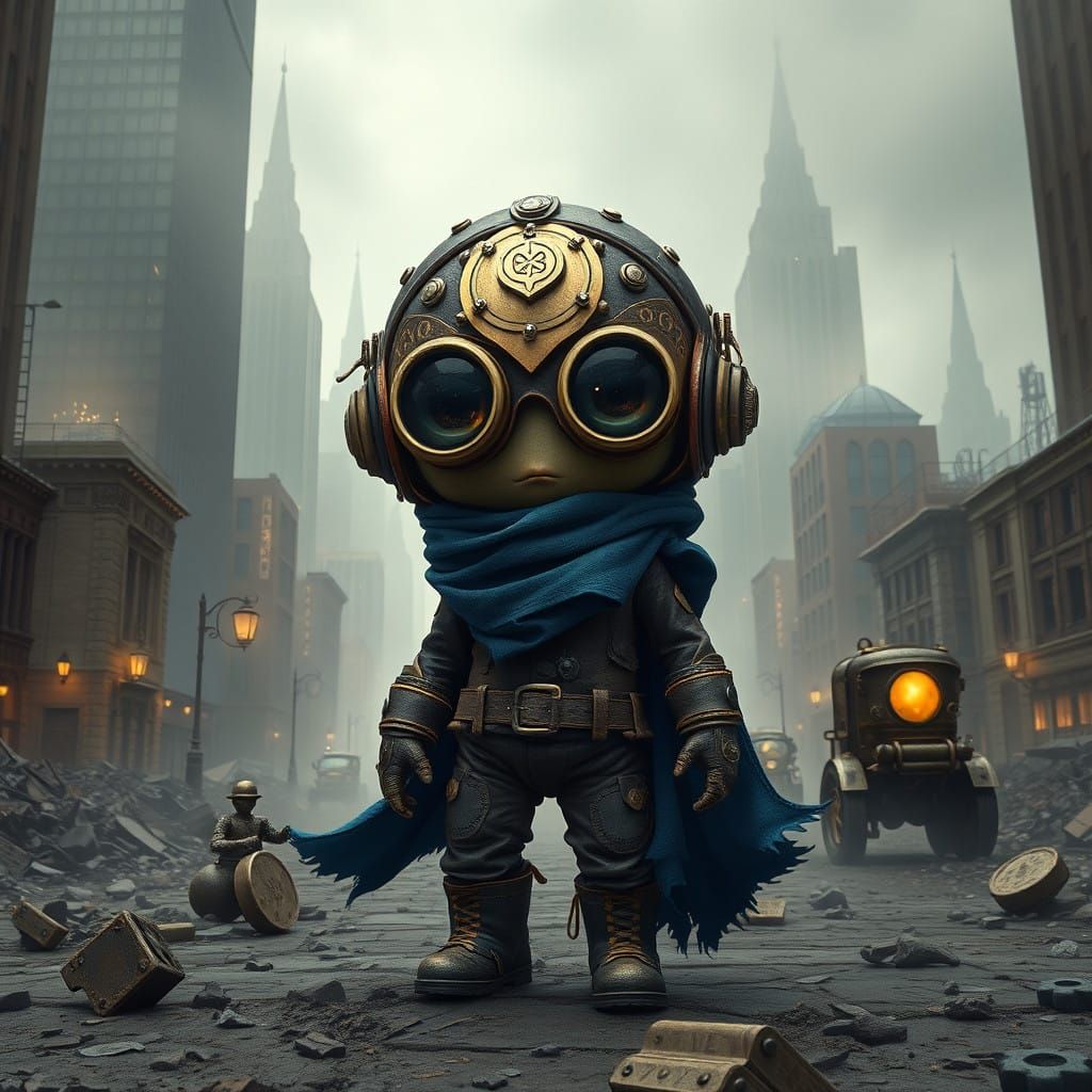Steampunk Hero Stands Tall in Dystopian Metropolis - AI Art