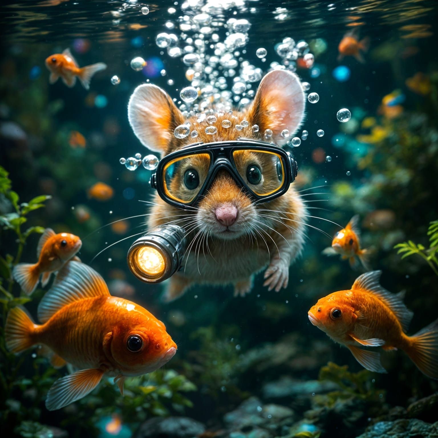Close-up of a mouse with underwater goggles and snorkel, swimming deep ...