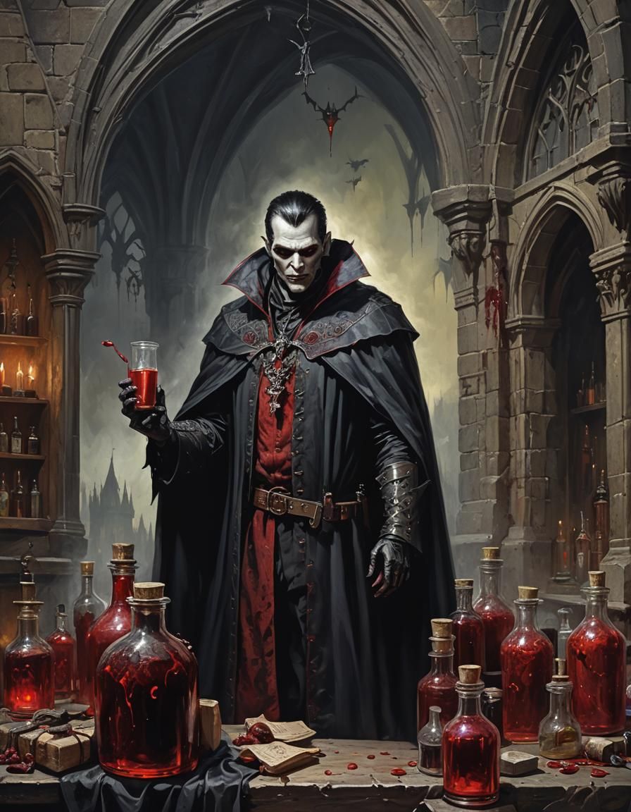 gothic evil medieval cloak vampire with potion bottles full of blood ...