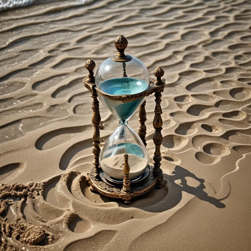 A huge and ornate hourglass filled with water not sand on a tropical ...