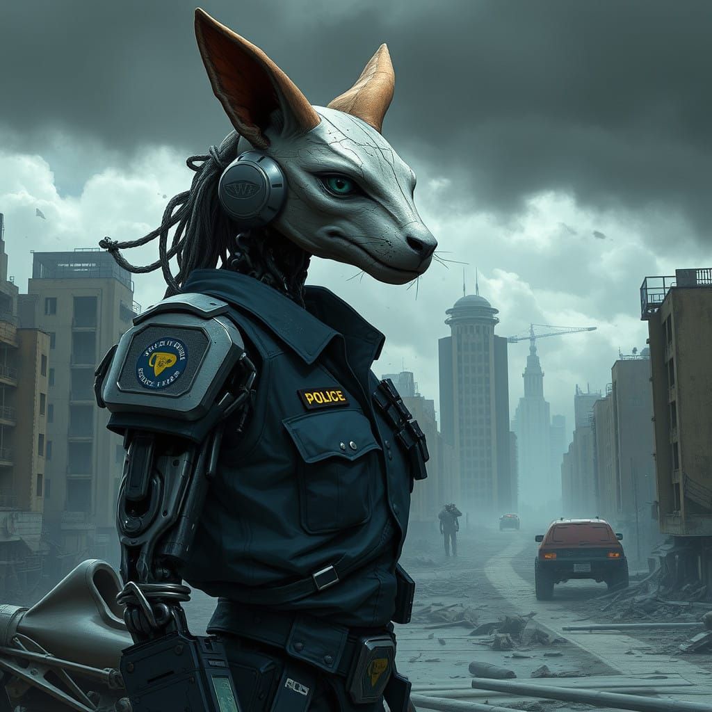 Cyborg Police Officer Stands Amidst Post-Apocalypt... - AI Art