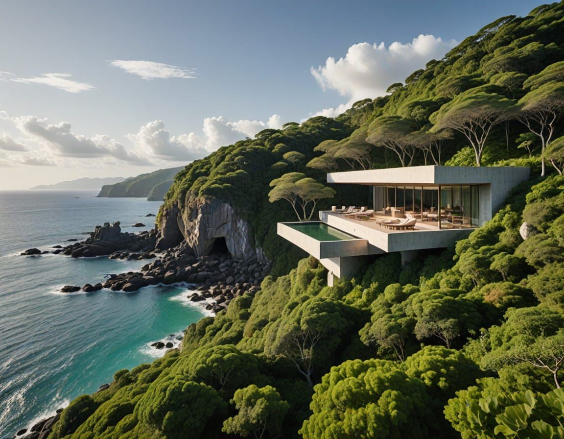 Modern Villa on Tropical Island Cliffside - AI Art