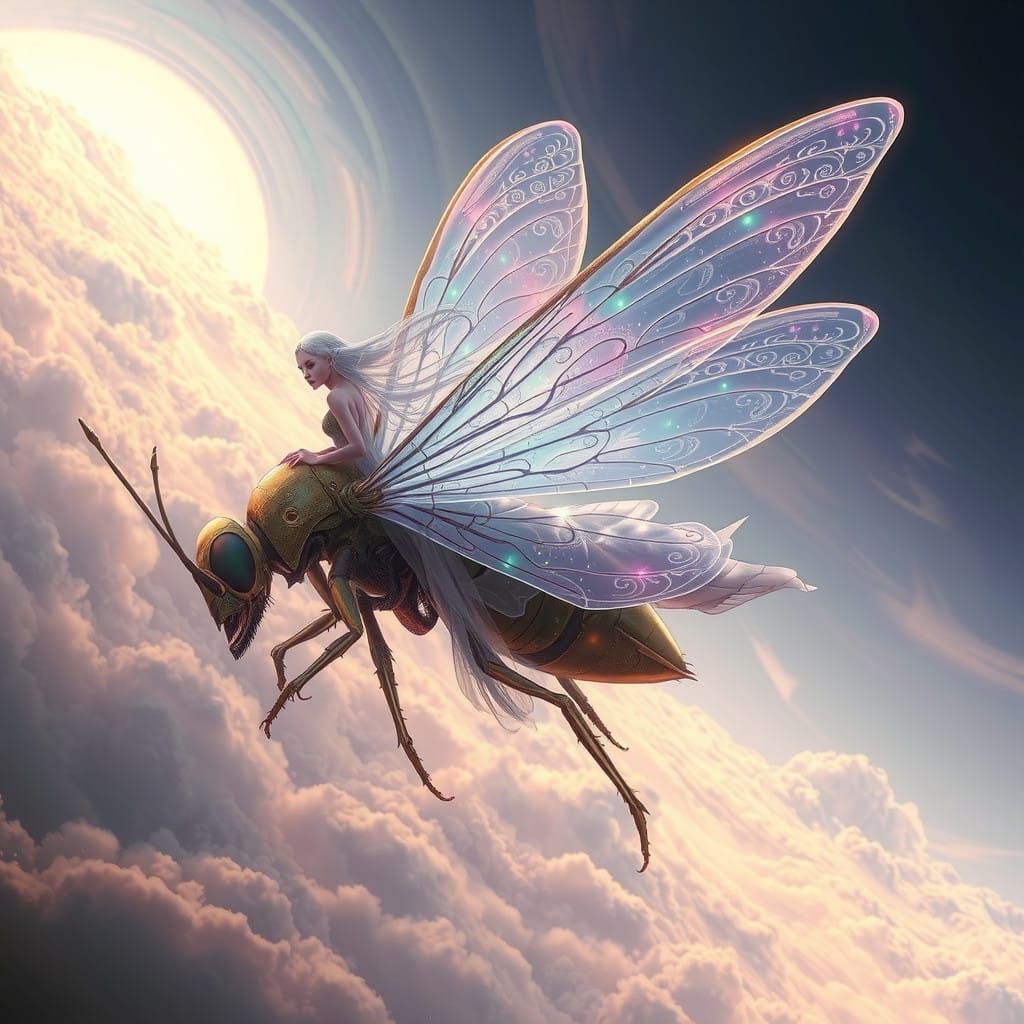 Luminous Skybound Bug Riders in Iridescent Armor - AI Art