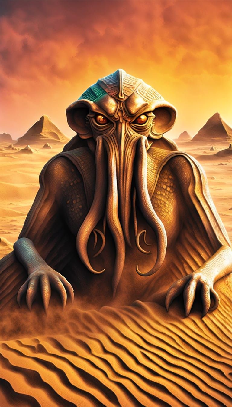 Mystical Cthulhu Sphinx in Vibrant Desert Landscap... - AI Art