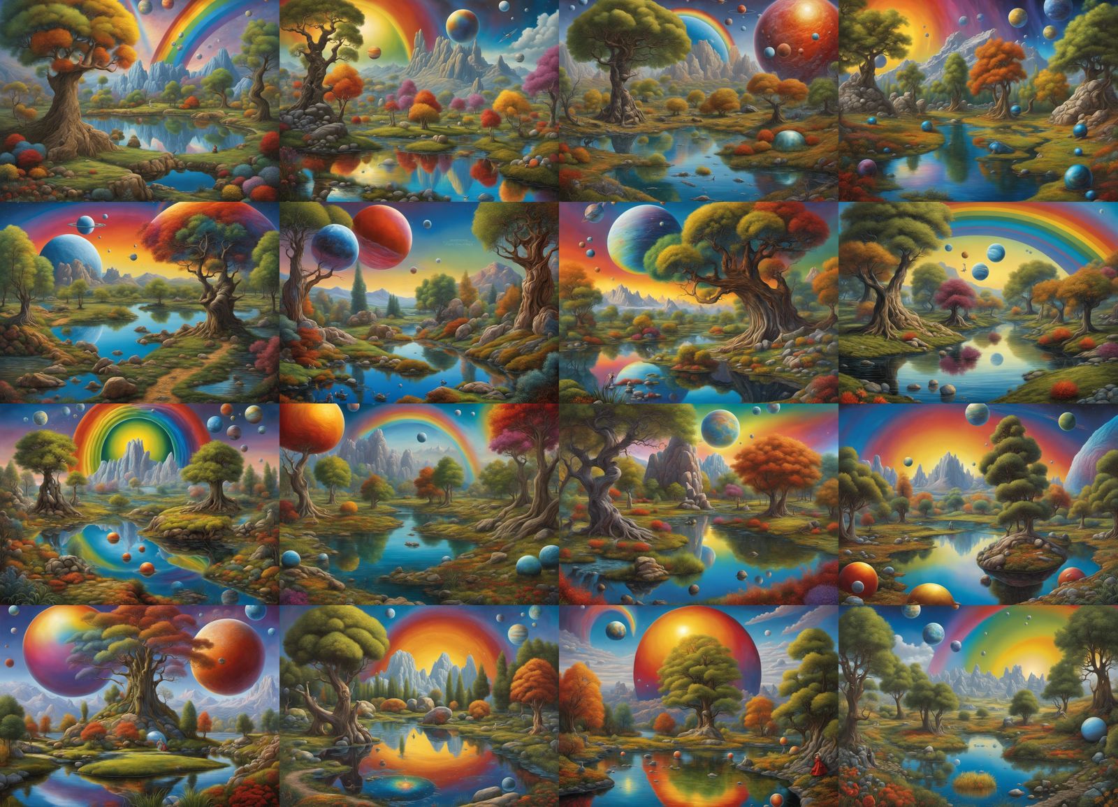 Otherworldly landscape. Boulder. Pond. In the style of Michael Cheval ...