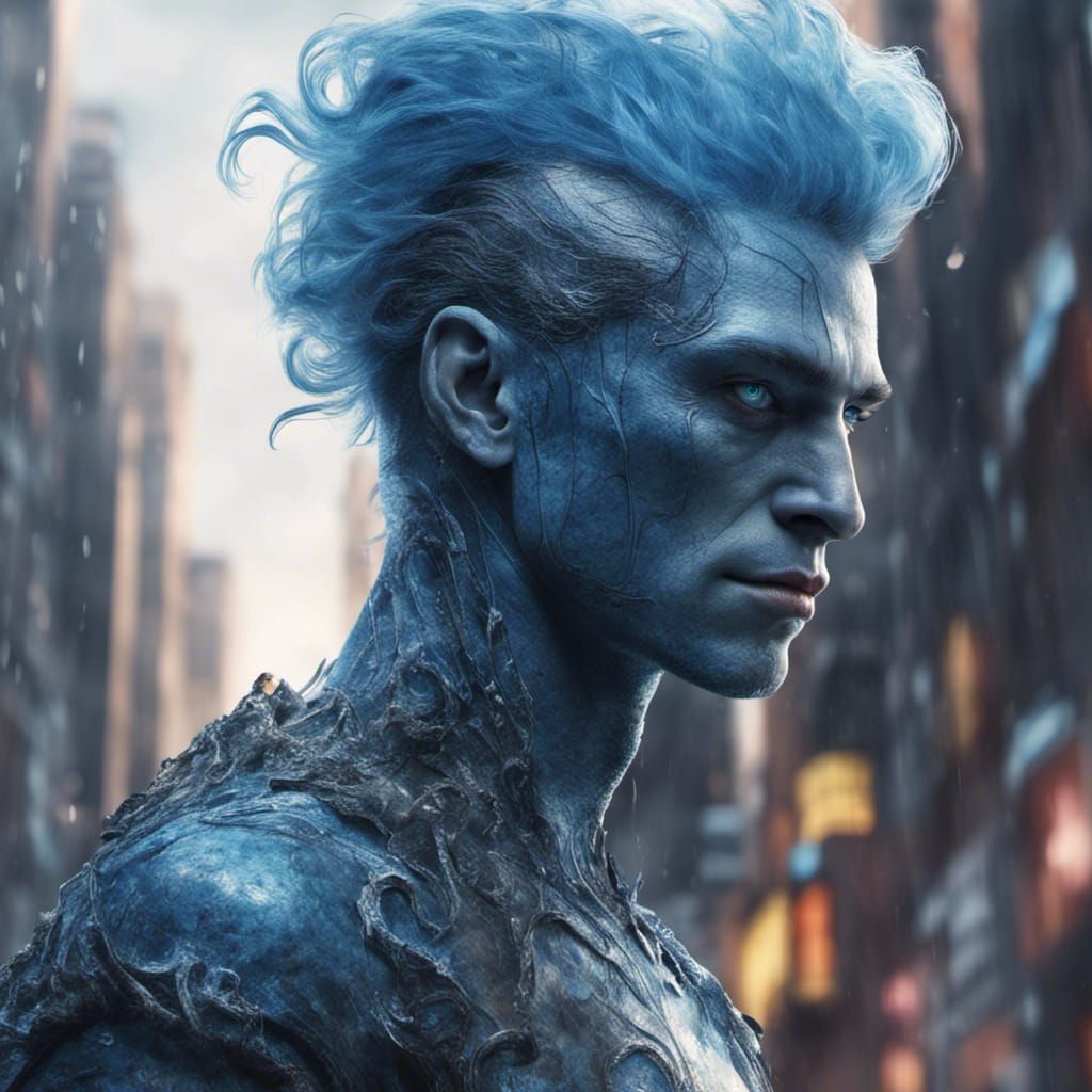 blue skinned man with mid length hair, tall with sharp jawline, blue ...