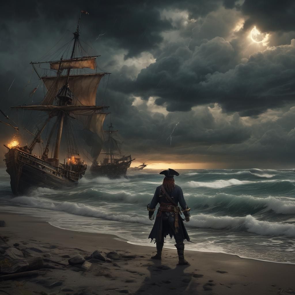 a pirate on the beach searching for his treasure, lightning in the sky ...