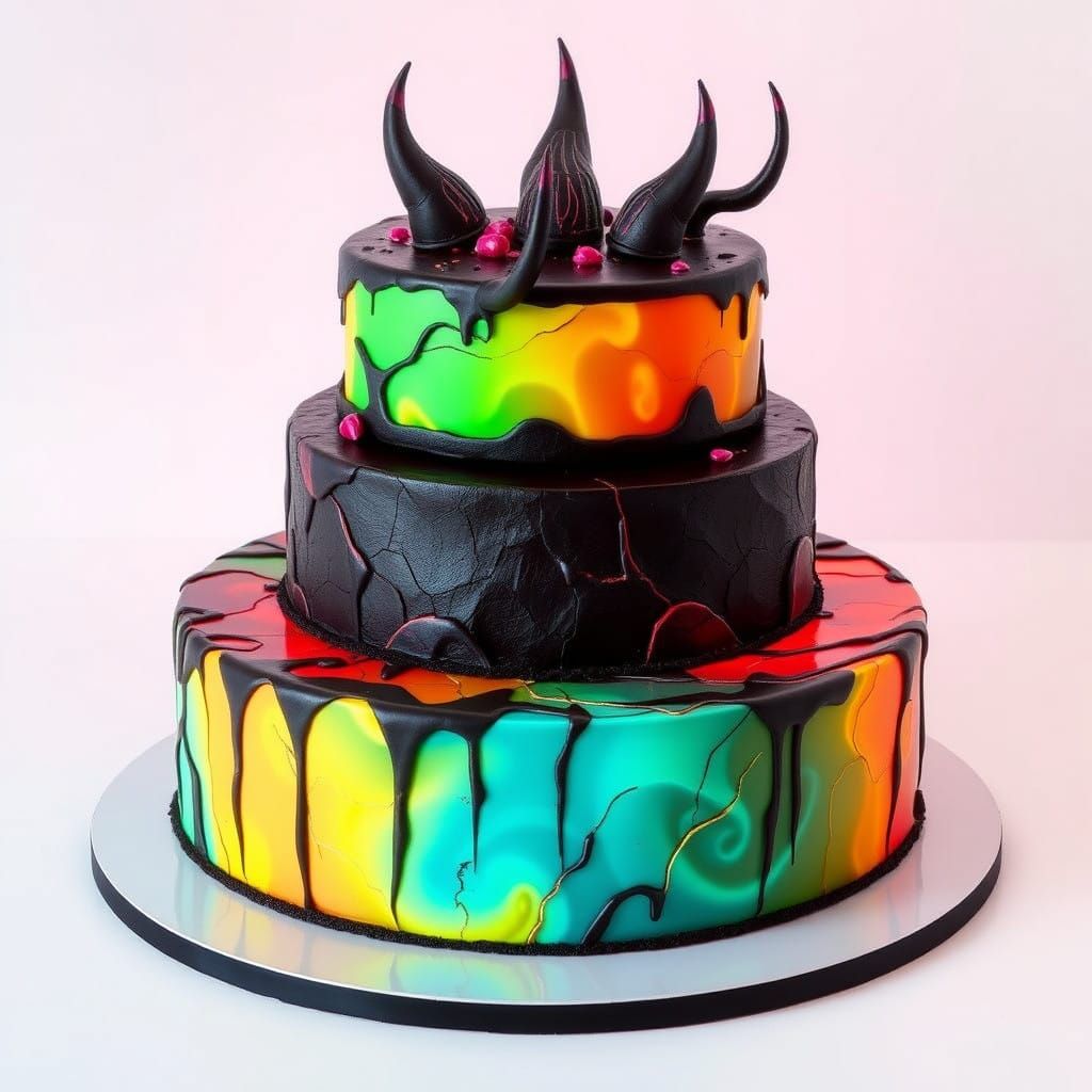 This round triple-tier chocolate cake is designed with a futuristic ...