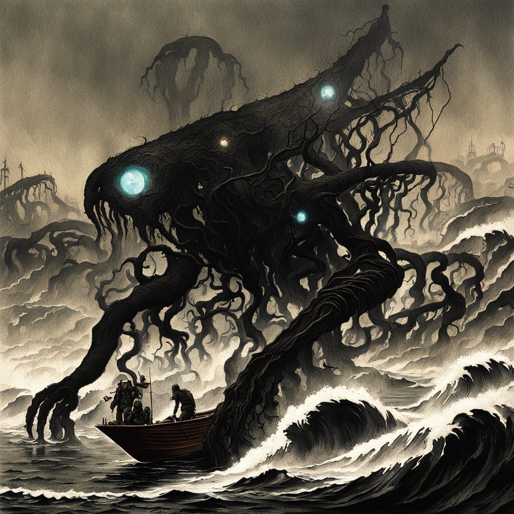 Biomechanical Leviathan Confronts Ancient Fishing ... - AI Art