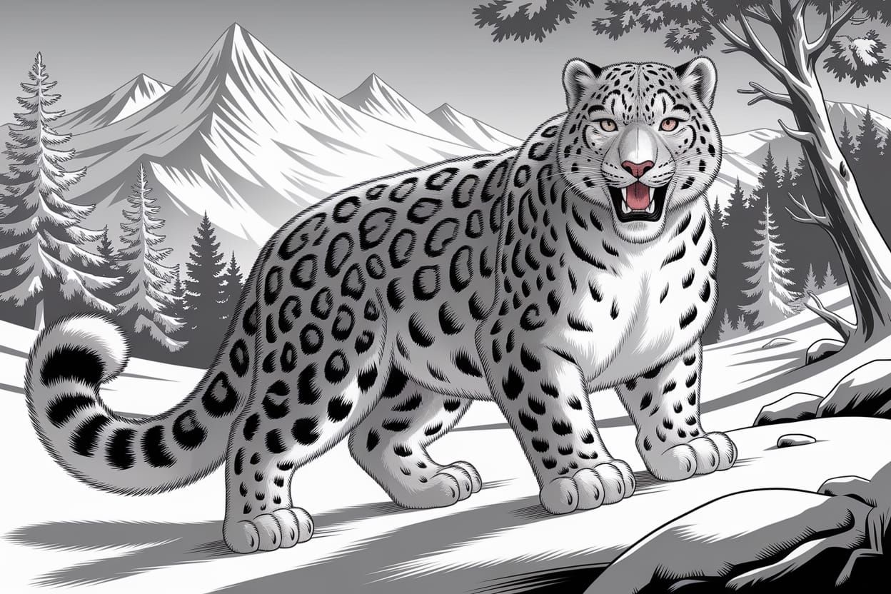 Majestic Snow Leopard in Snowy Mountains Ink Drawi... - AI Art