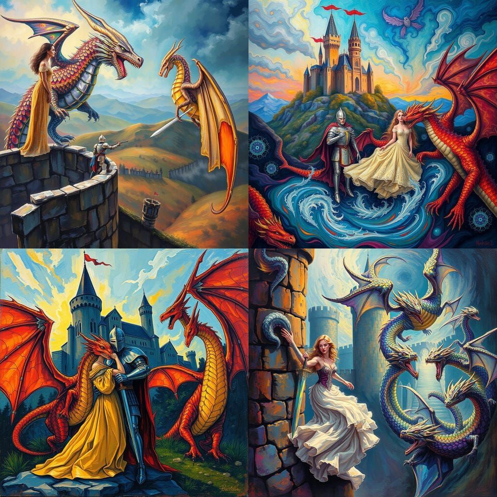 Neo-Impressionist Knights Amidst Dragon-Filled Fra... - AI Art