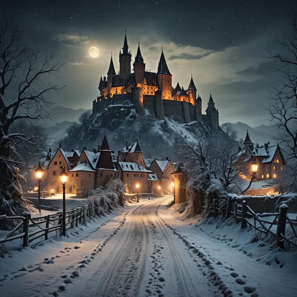 torchlit path leading to a castle at night in transylvania during ...