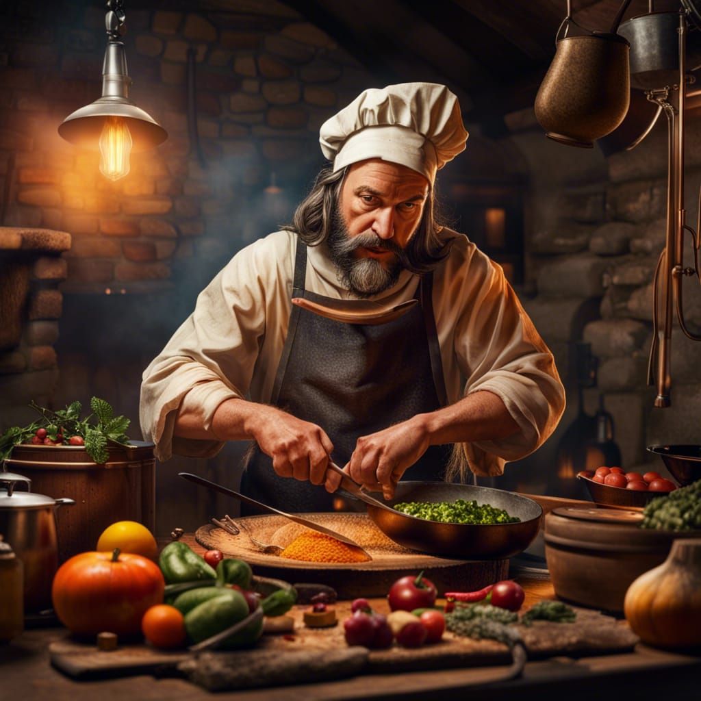 Medieval cook in a medieval kitchen preparing dinner - AI Generated ...