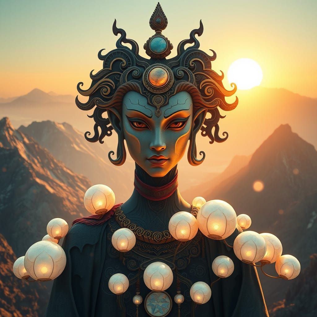 Cosmic Guardian Amidst Luminous Orbs in Mountain S... - AI Art