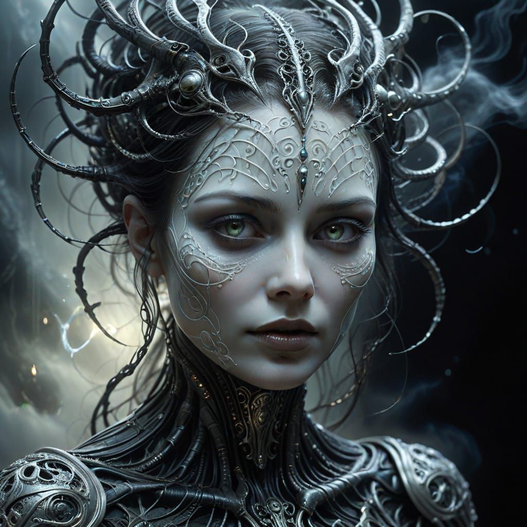 An ethereal white female face with porcelain skin, adorned with ...