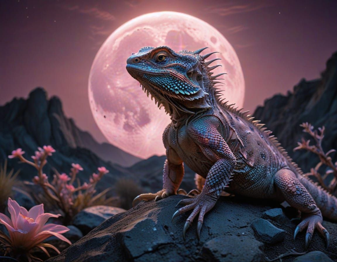 Bearded Dragon by the pink moon - Hyperrealistic Bearded Dra...