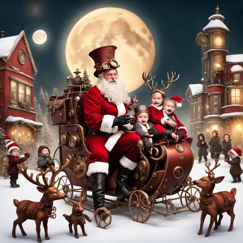 Steampunk Christmas scene, with a Santa Claus in red Steampunk clothing ...