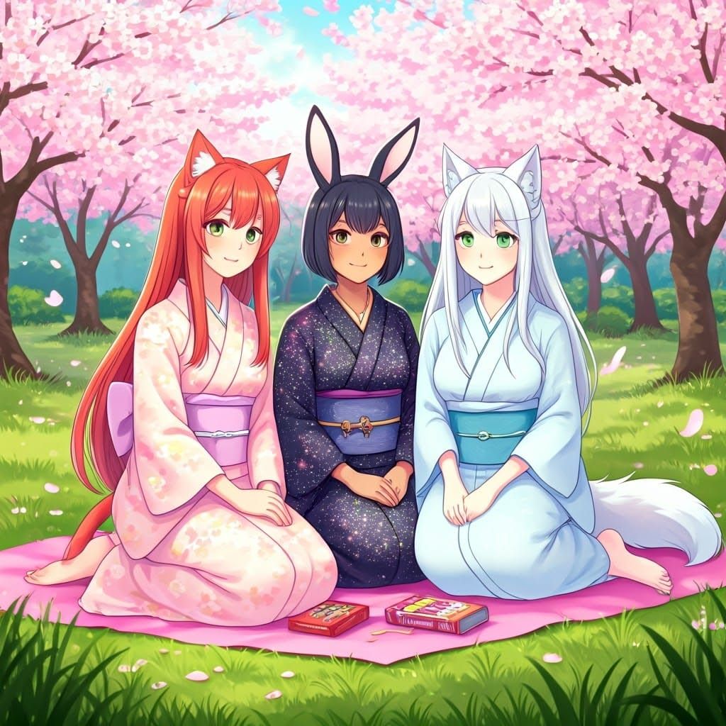Wolfie, Akane and Moon celebrating Hanami in Japan