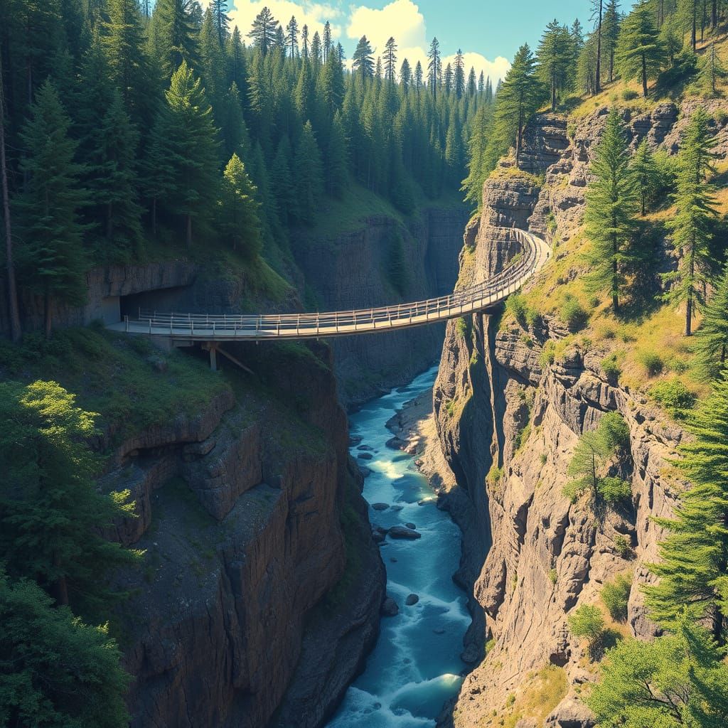 Surreal Retro Bridge Over Wooden Gorge in Psychede... - AI Art