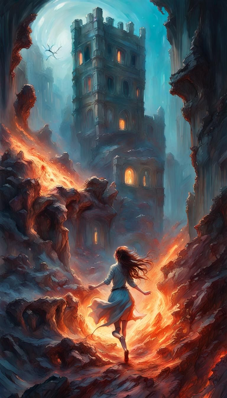 Cyber rabbit girl_coming_out_of_fire_hell_clothes_torn_running_glowing ...