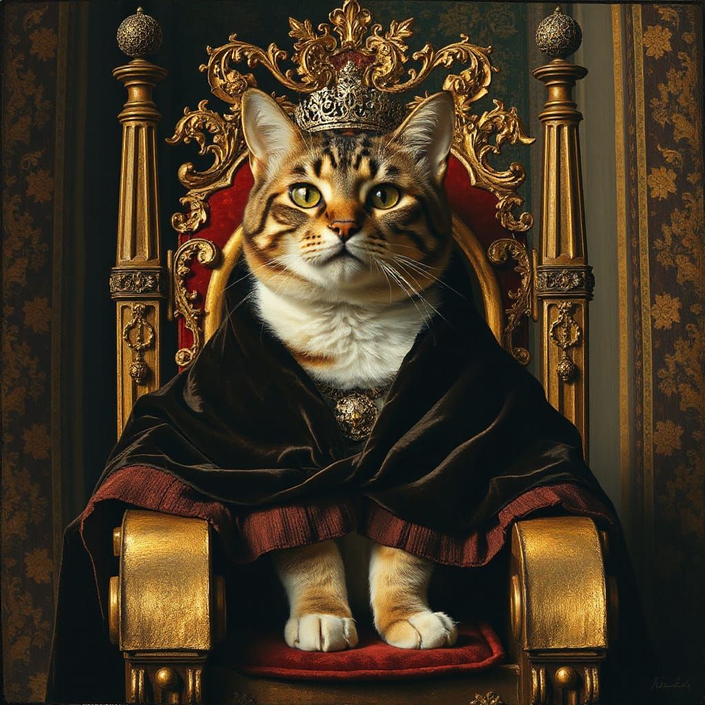 Regal Feline Sovereign in Velvet Opulence - AI Art