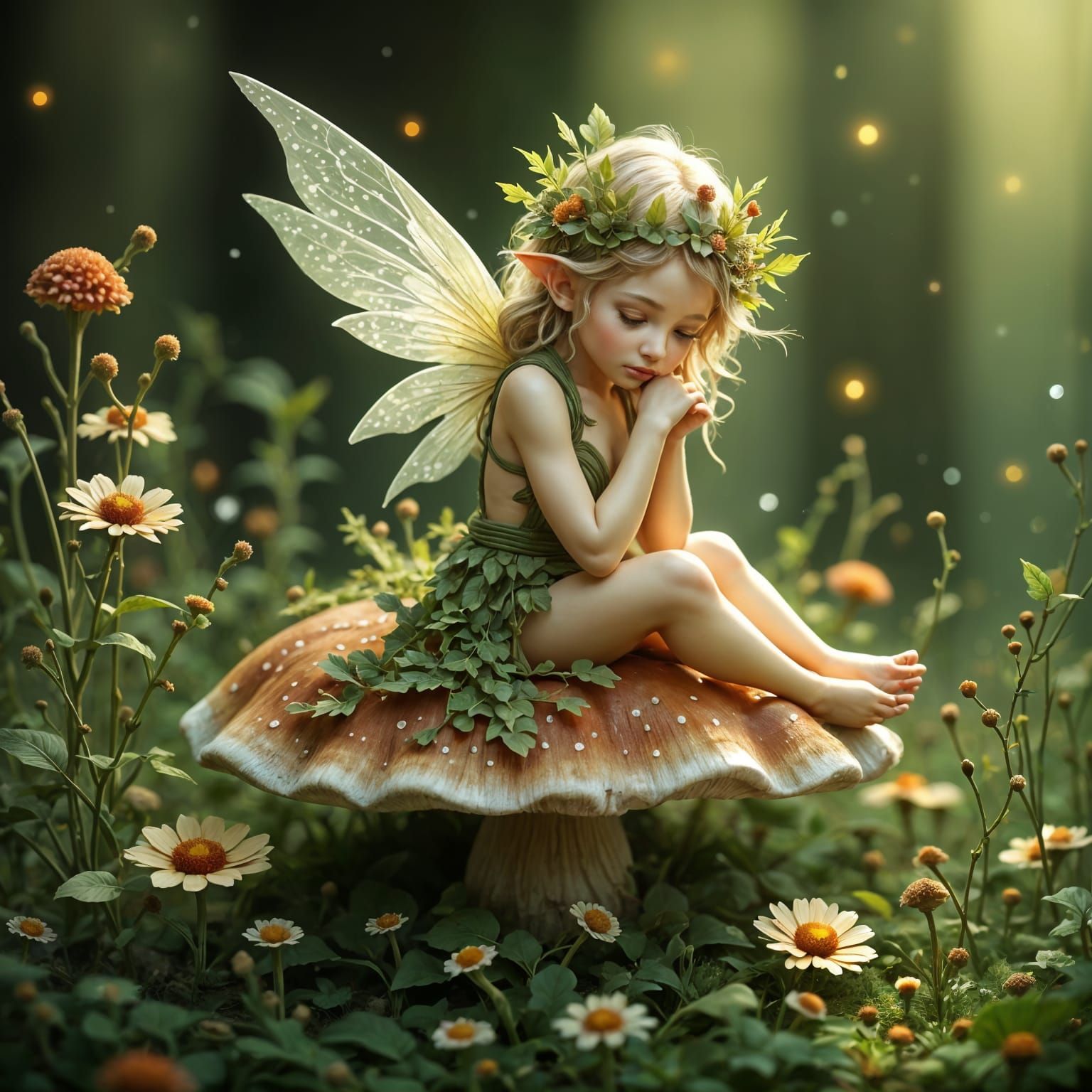 Beautiful little small elven fairy sitting on a mushroom 🍄, hyper ...