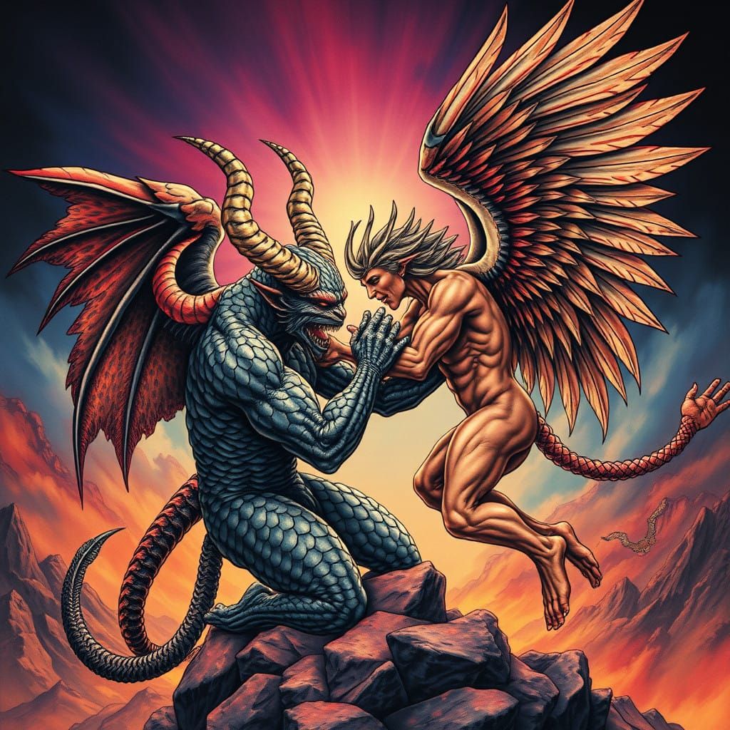 Demon Engages Angel in Epic Mythical Struggle - Ta... - AI Art