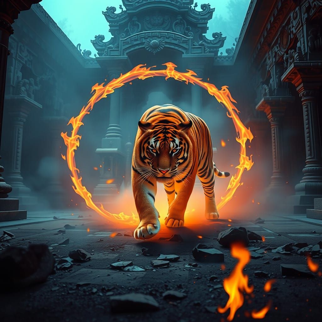 Hyperrealistic Bengal Tiger Emerges Through Ring o... - AI Art
