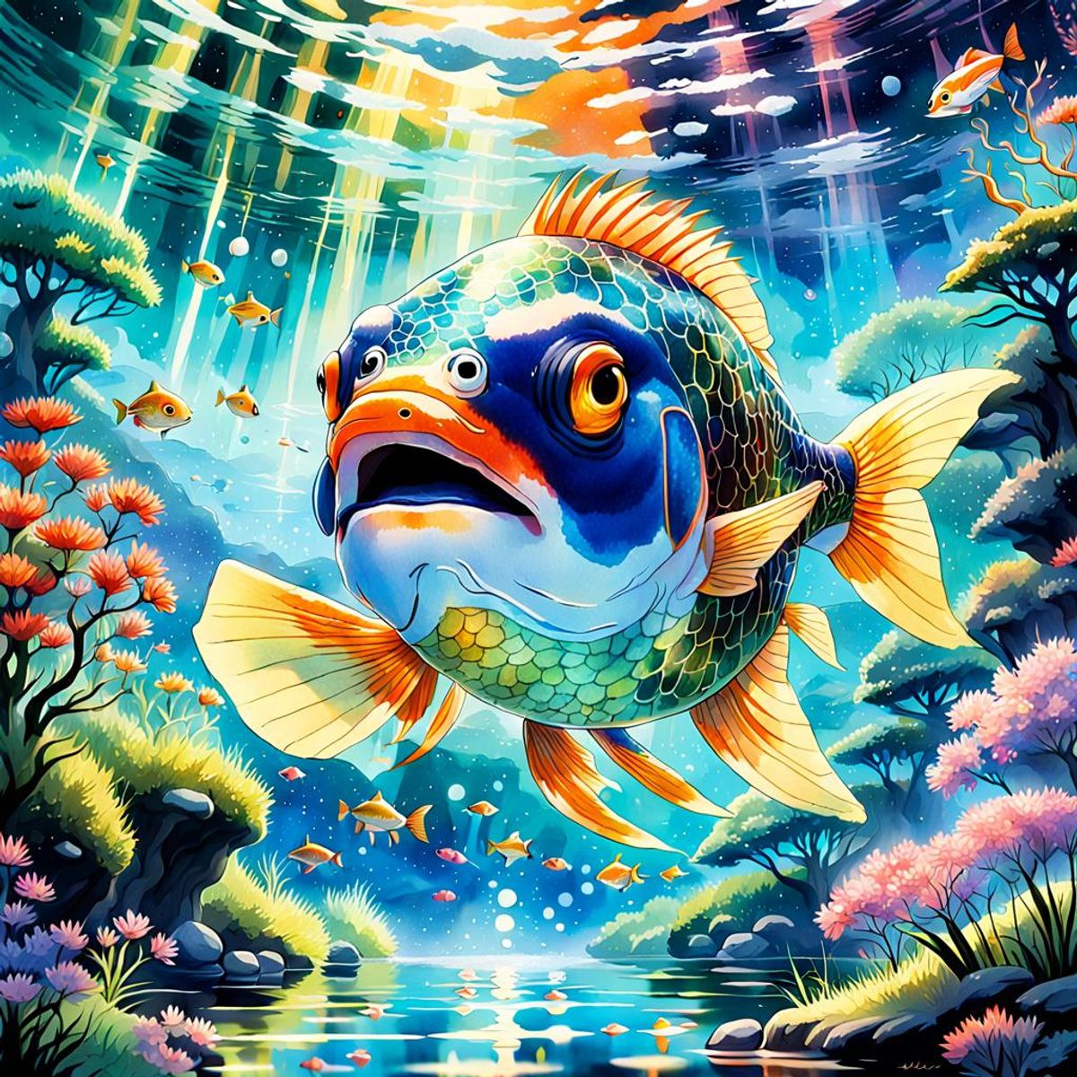 (Hyper detailed storybook illustration of a beautiful fish in a magical ...