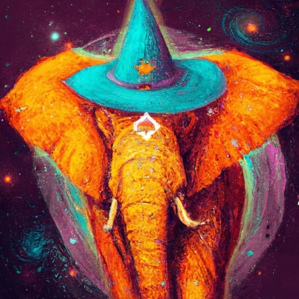 anthropomorphic elephant wearing a orange witches hat and monocle - AI ...