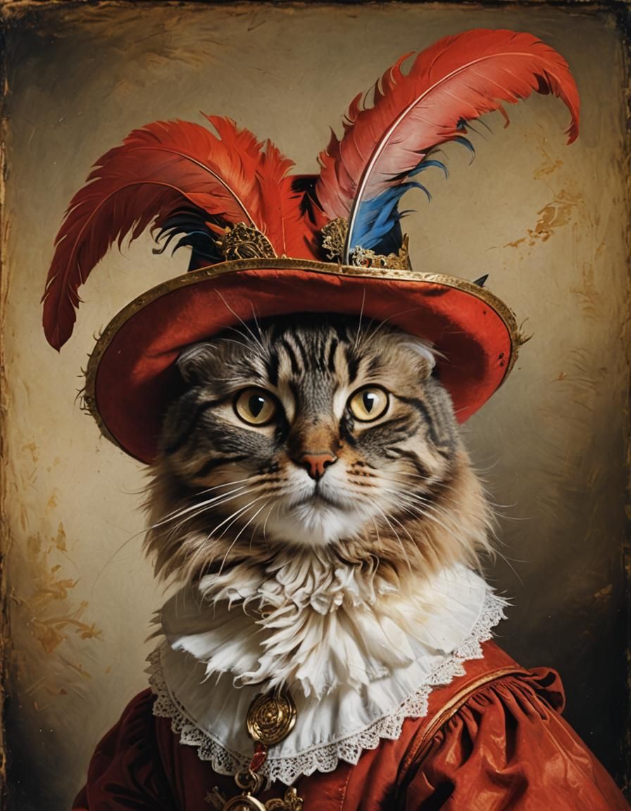 A cat wears a red musketeer hat with wide brim and feathers, slanted on ...