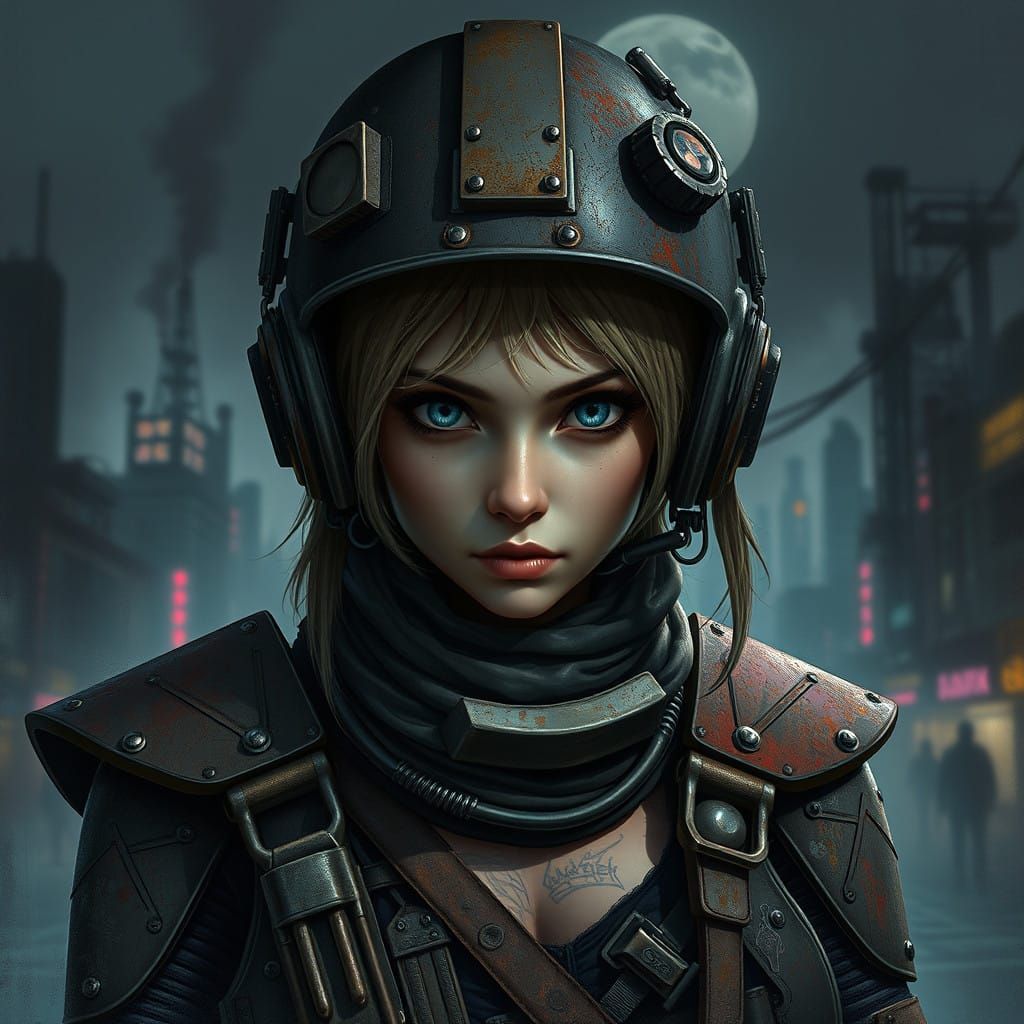 Alice in Dark Nuclearpunk Armor, Cyberpunk Citysca... - AI Art