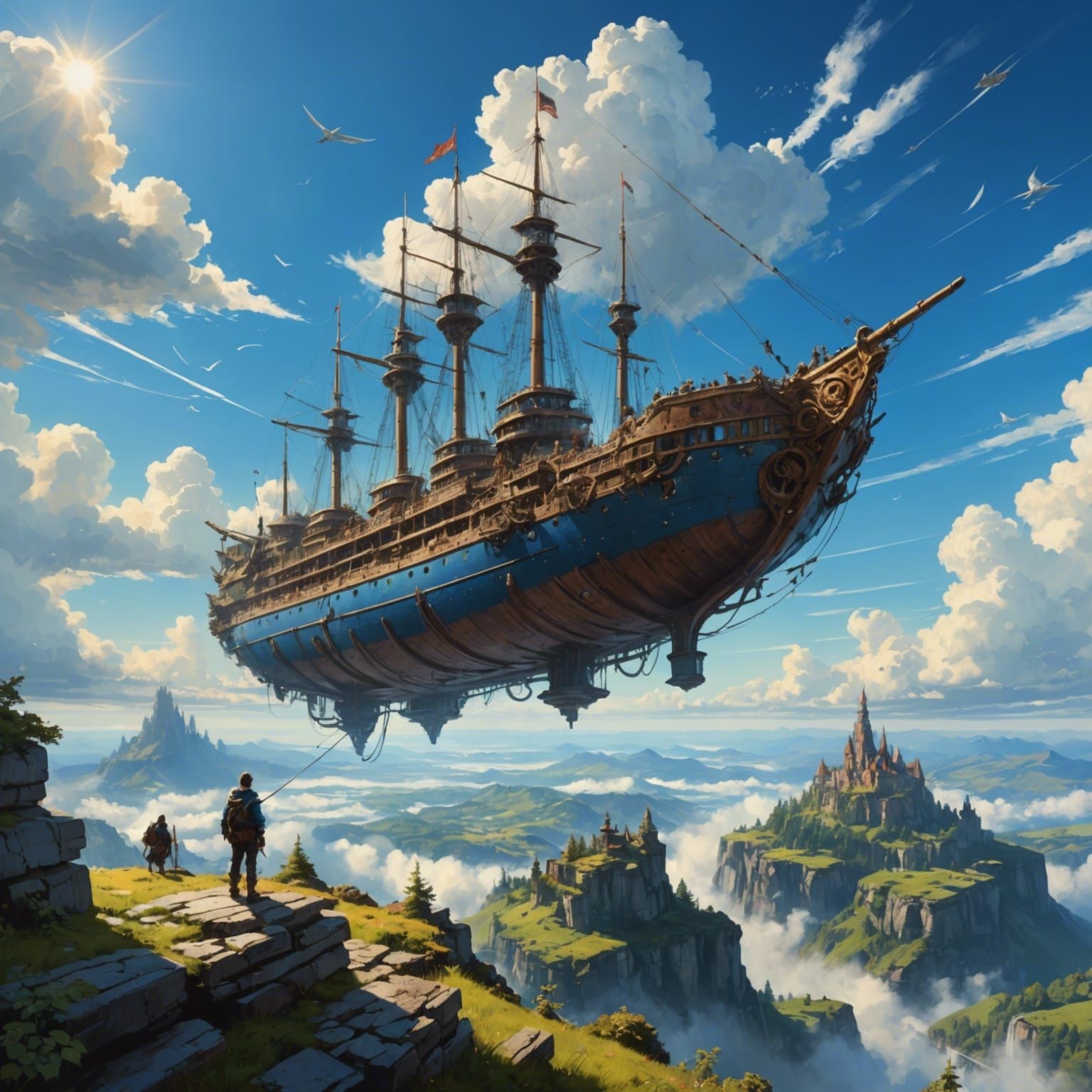 Distant shot, a magic flying ship, above the clouds, in the far ...