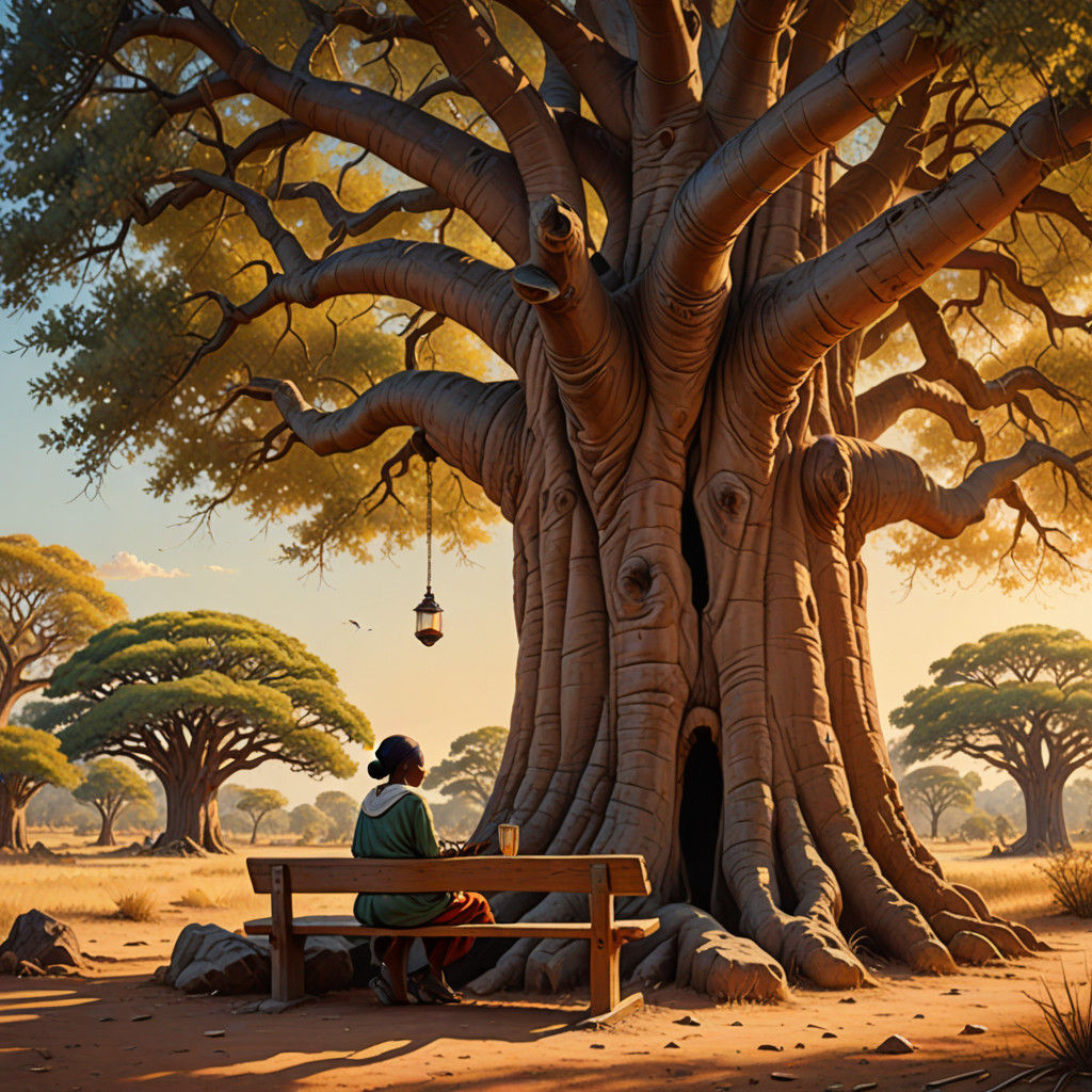 African Woman Under Baobab Tree in Earthy Tones - AI Art