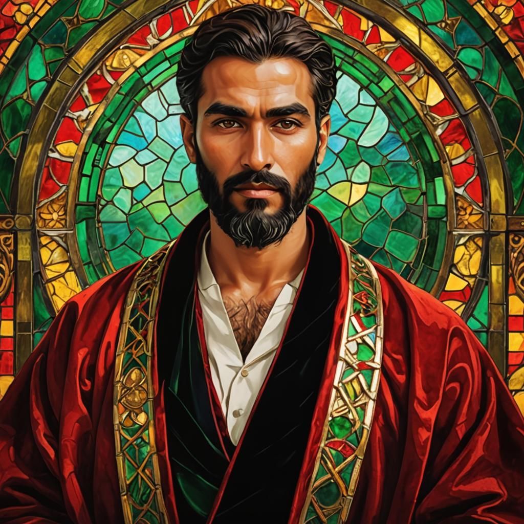 A gorgeous gentleman wearing a red robe in front of a green-red-golden ...