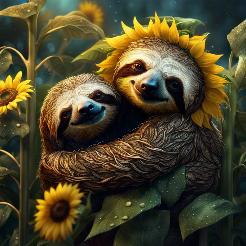 Sloth hugging a sunflower - AI Generated Artwork - NightCafe Creator