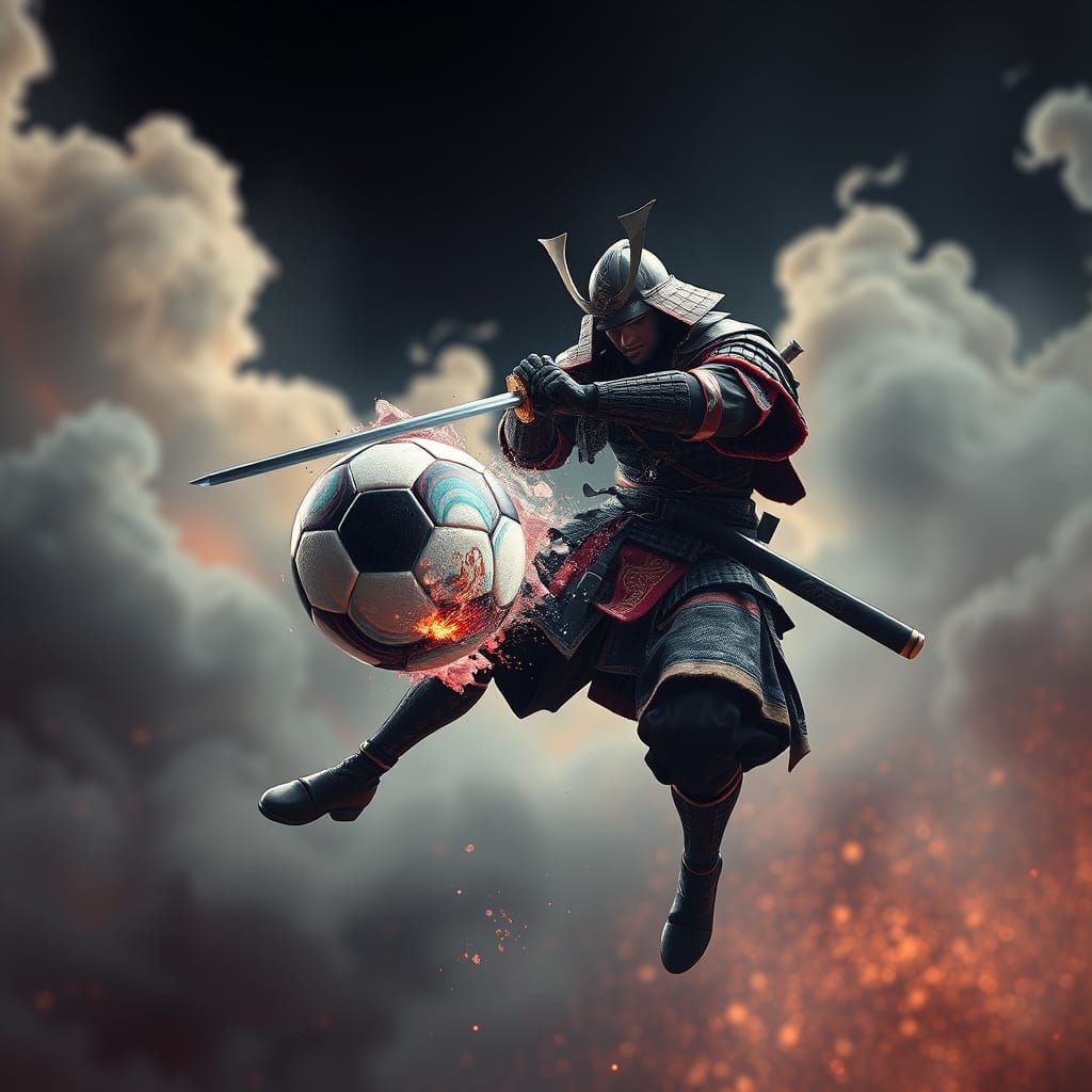 Samurai in Mid-Air, Katana Slicing Through Airborn... - AI Art