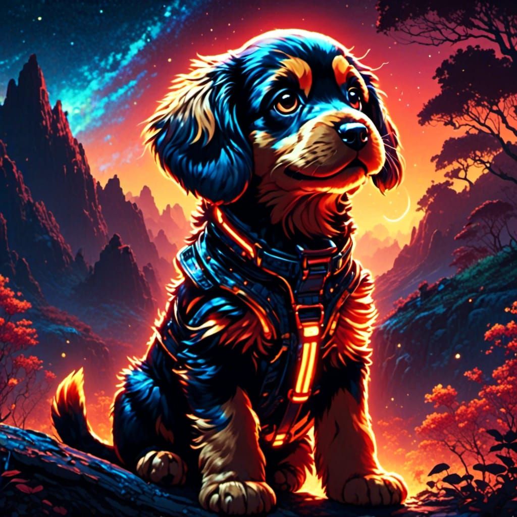 " bright magical red orange yellow fiery bioluminescent puppy portrait ...