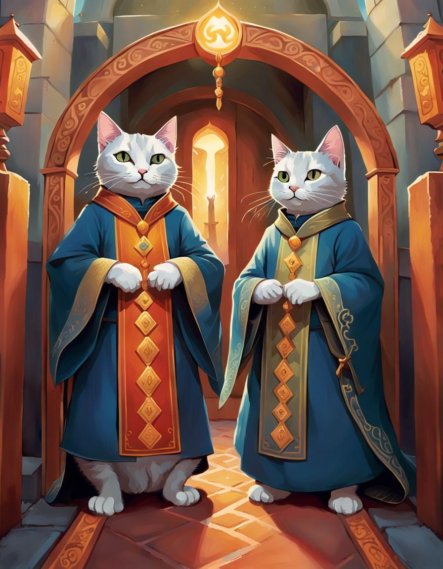 Dixit card illustration of a two cat priests who guard the gates to ...