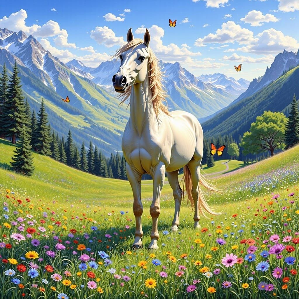 white steed in spring meadow - Surreal Spring Steed in Vibra...