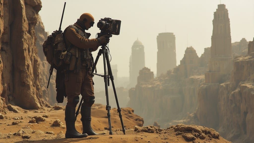 Hasselblad camera on tripod, photographer shooting post-apocalyptic sci ...