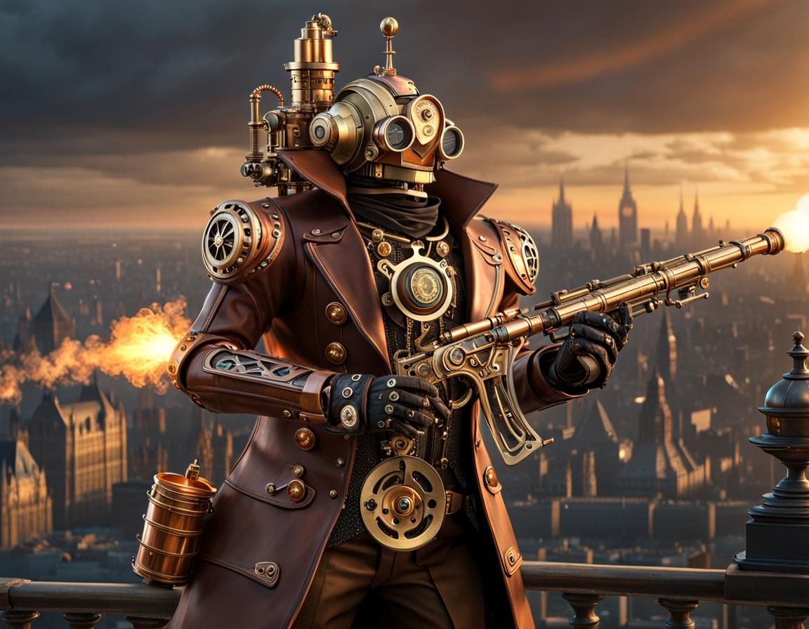 Steampunk Humanoid robot with a copper and brass flamethrower - AI ...