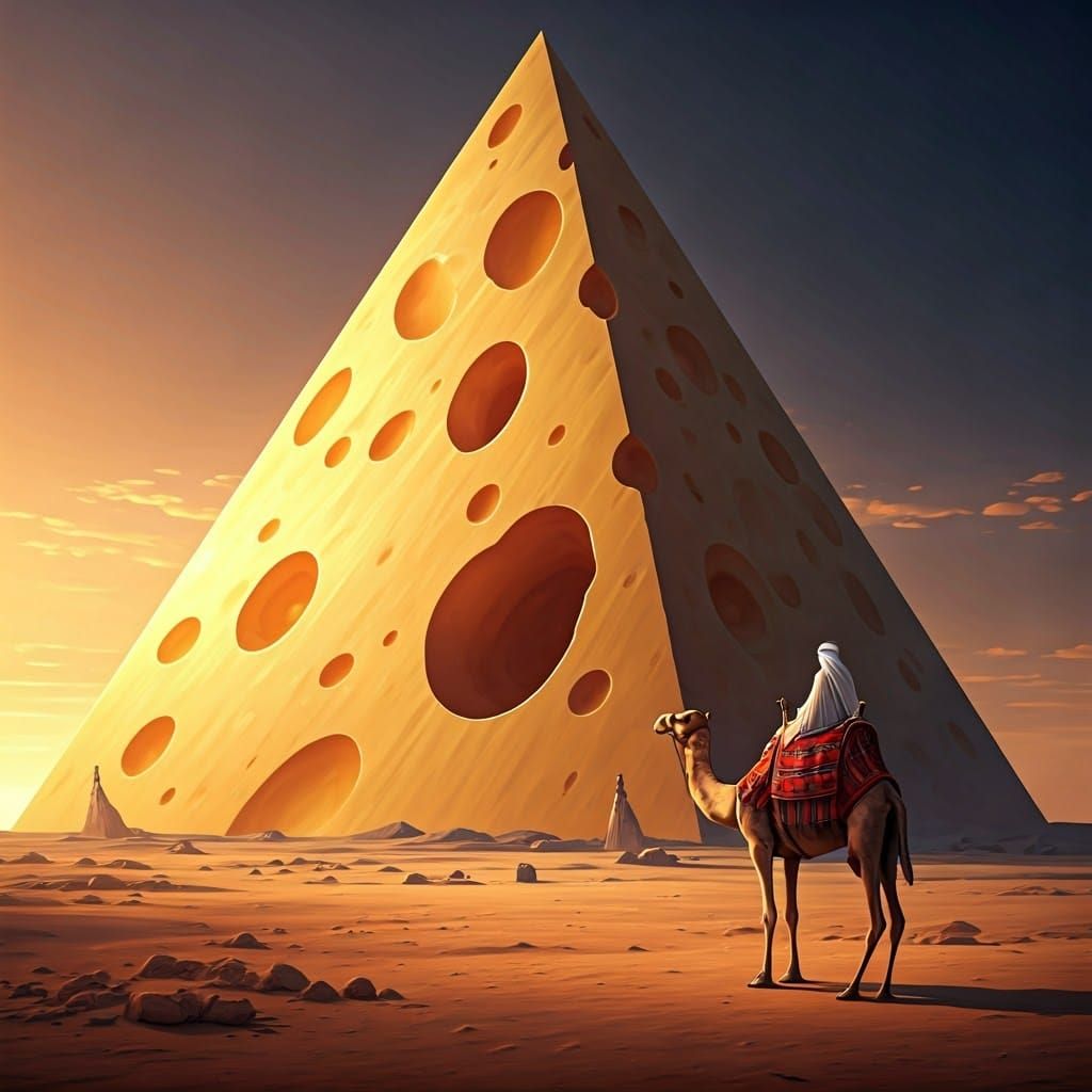 Egyptian pyramids made from a huge piece of cheese with holes