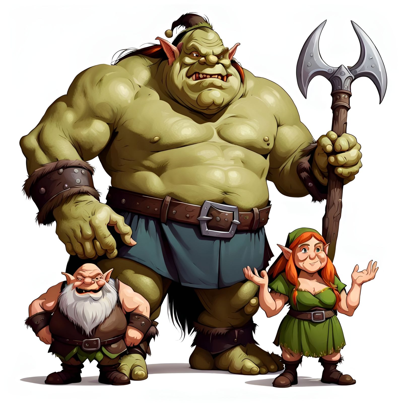 Large Ogre with an elf and dwarf - AI Generated Artwork - NightCafe Creator